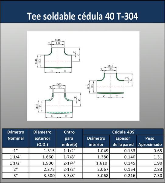 TEE SOLDABLE CEDULA 40 T-304 – DLaT Inoxidables